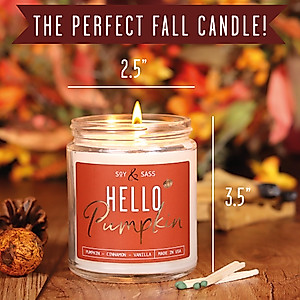 Fall Candles, Pumpkin Candle - 'Hello Pumpkin' Soy Pumpkin Spice Candle I Infused with Essential Oils I Fall Candle Decor, Fall Scented Candle I 9oz Reusable Jar I 50 Hour Burn I Made in USA