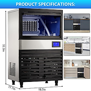 Pioneerworks Commercial Ice Maker Machine 110lbs/24H, Under Counter Ice Machine Self Cleaning with 27lbs Storage, LCD Panel and Blue Light, Stainless Steel Ice Maker for Restaurant/Home/Bars/Coffee