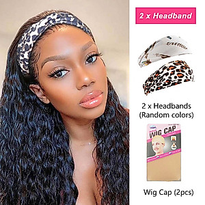 Aksice Curly Headband Wig for Black Women, Water Wave Headband Wigs with Headbands Attached, Glueless Black Half Wig 150% Density for Daily Use (26 Inch)