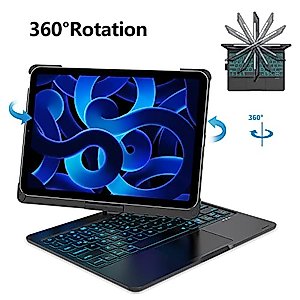 KVAGO Keyboard Case for iPad Air 5th/4th Gen 2022/2020, iPad Pro 11 inch 4th Generation 2022 / iPad Pro 11" 2021/2020/2018, Smart Trackpad, Backlight, 360° Rotatable Keyboard with Pencil Holder, Black