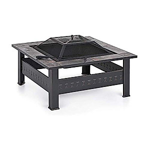 LEAYAN Garden Fire Pit Grill Bowl Grill Barbecue Rack Outdoor Fire Pit with BBQ Grill Shelf,Outdoor Metal Brazier Square Table Firepit Garden Patio Heater with Waterproof Cover