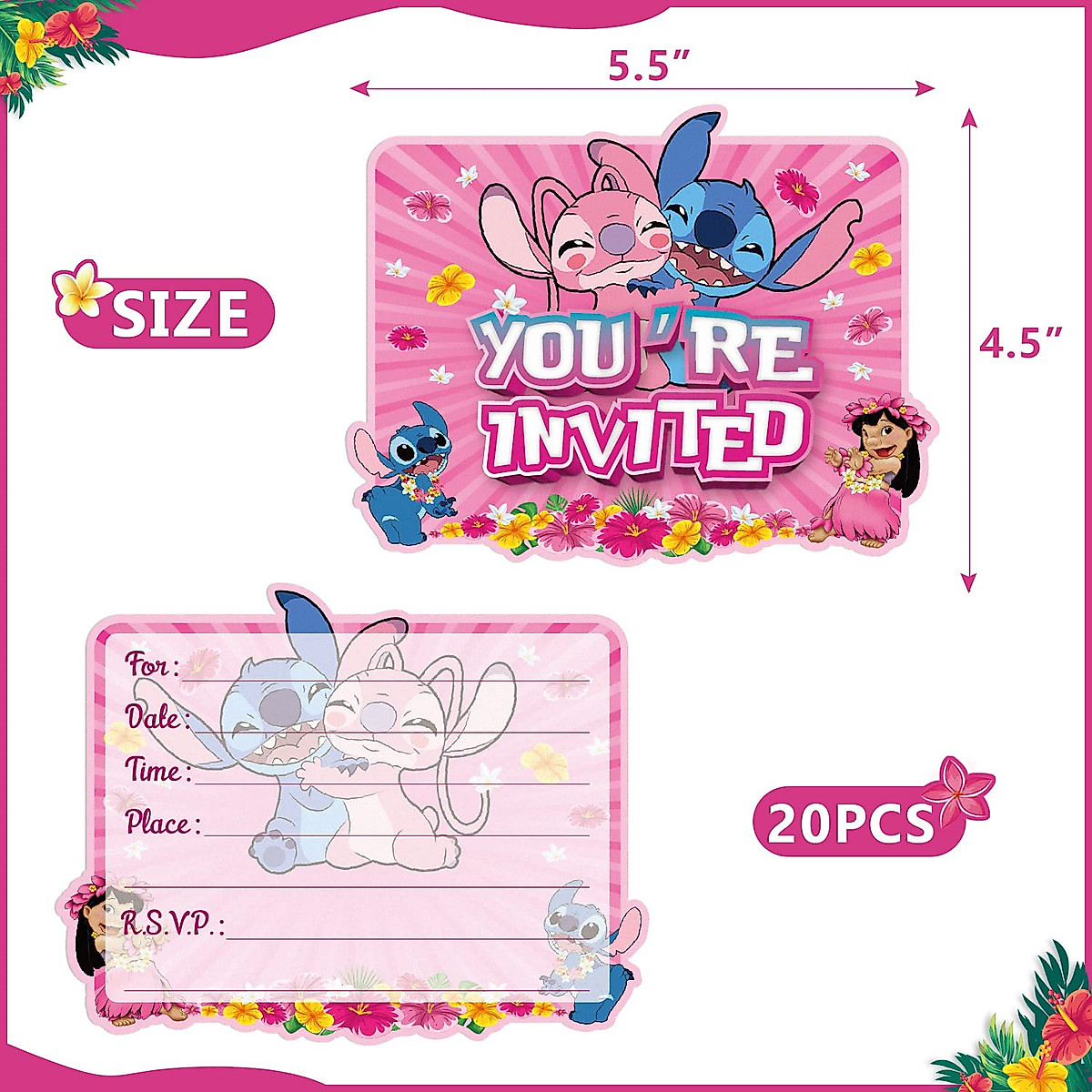 GOGOPARTY 20 Pcs Pink Invitation Cards, Birthday Party Invitation Cards With Sticker Labels, 20 Envelope Birthday Invitations for Kids Birthday Party Supplies