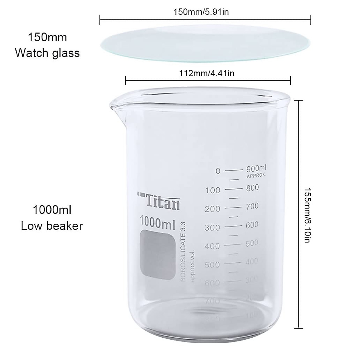 ADAMAS-BETA 1000ml Low Form Glass Beaker with 150mm Watch Glass Beaker Cover for Laboratory,Teaching,Science