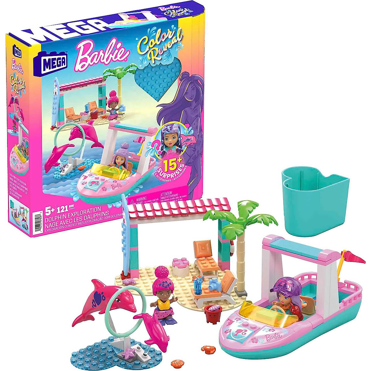 MEGA Barbie Color Reveal Building Toy Playset, Dolphin Exploration with 121 Pieces, 15 Surprises and Accessories, Kids Age 5+ Years