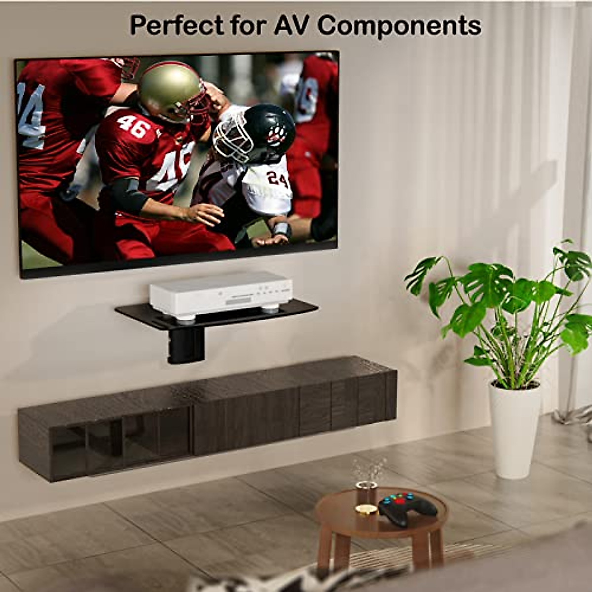 Floating Entertainment Center Shelf, Projector Wall Mount DVD Shelf, Floating Entertainment Center Bracket Under TV for Cable Boxes/Games Console/DVR/TV Accessories, Black (Glass Black 1)