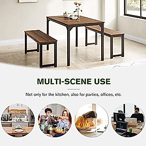 IMUsee 45" Dining Table Set for 4, 3-Pieces Kitchen & Dining Room Sets with Benches, Metal Frame and Wood Board, Sturdy Structure, Easy Assembly, Small Space Dinette, Walnut & Black