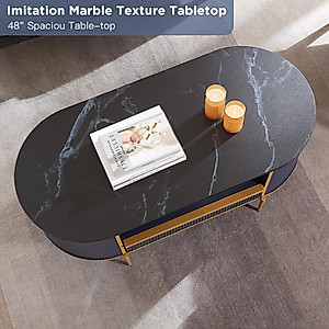 OKD Modern Coffee Table, 48" Oval Coffee Table with Storage, Sliding Drawer, Open Shelf, Center Table for Living Room, Dark Blue