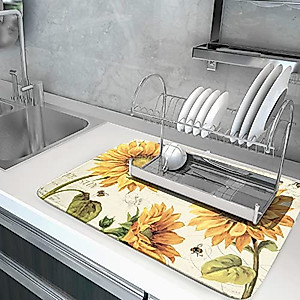 Sunflower Bee Dish Drying Mat for Kitchen Counter Decor 18x24 Inch Floral Absorbent Reversible Microfiber Dish Drying Pad Flower Dish Drainer Rack Mats for Coffee Bar