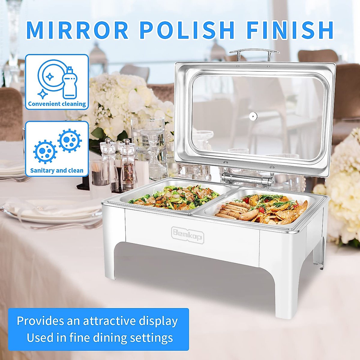 Bemkop Chafing Dish Buffet Set,Rectangular Chafing Dish with Glass Top, Soft-Close Lid,Chafer for Catering Buffet Servers and Warmers (H-Half Size)