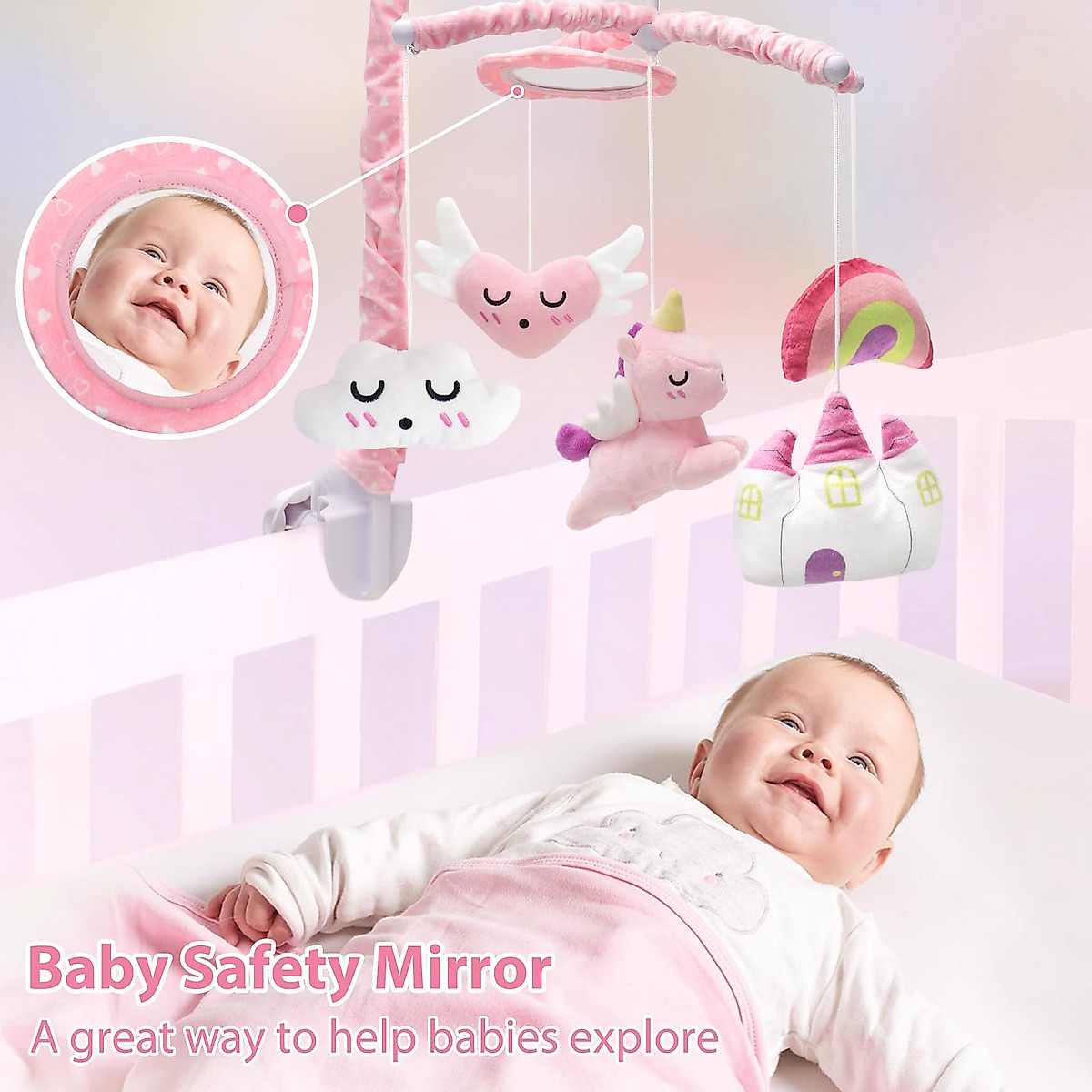SHIDEER Crib Mobile for Girls, Crib Mobile with 36 Lullabies Musical Box, Baby Mobile for Crib with Mirror, Volume & Songs Control, Baby Mobile Hanging Rotating Crib Toys(Pink Castle&Rainbow Theme)