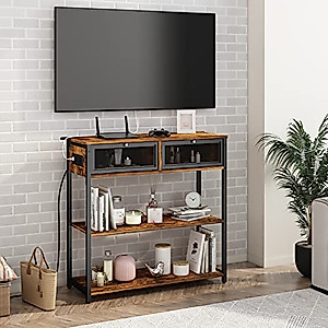 SOOWERY Console Table with Charging Station, 32'' Entryway Table with Doors, Sofa Table Narrow Long with 3 Tiers Open Wood Storage Shelves, for Living Room, Entryway, Foyer, Brown