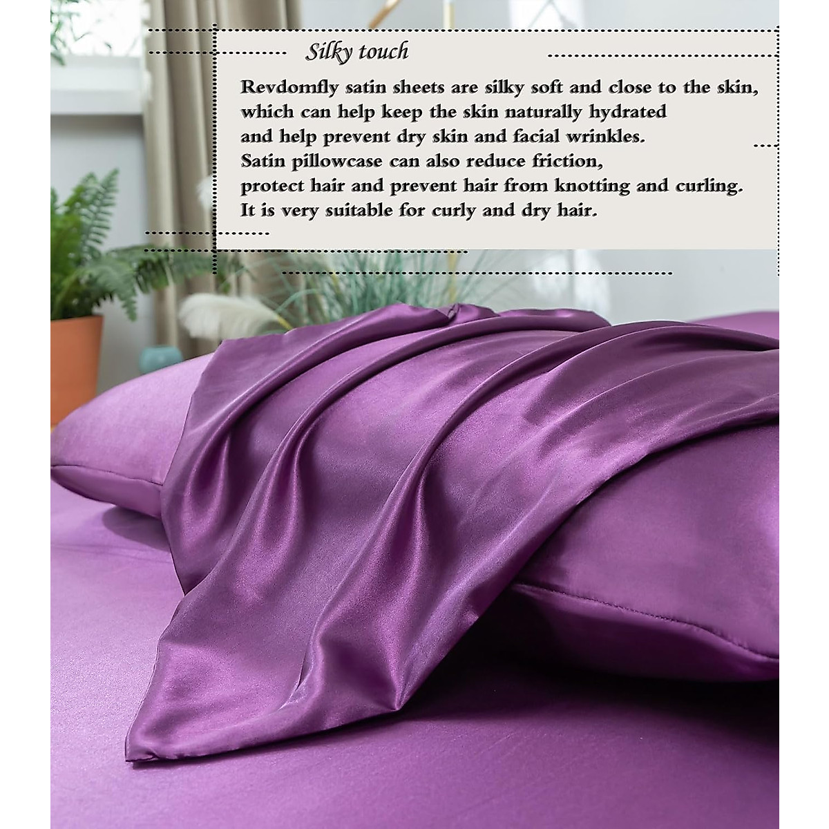 Revdomfly 4 Pcs Full Size Luxury Silky Soft Purple Satin Sheet Set,1 Premium Moisture Wicking Fitted Sheet Fits Up to 16 Inches Deep Pocket + 1 Flat Sheet + 2 Pillowcases（Purple, Full）