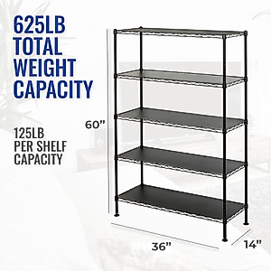 SafeRacks - NSF Certified Storage Shelves, Zinc, Heavy Duty Steel Wire Unit with Wheels and Adjustable Feet, Garage or Bakers Rack, Kitchen, Pantry Shelf - (36"x14"x60" 5-Tier) (Black)