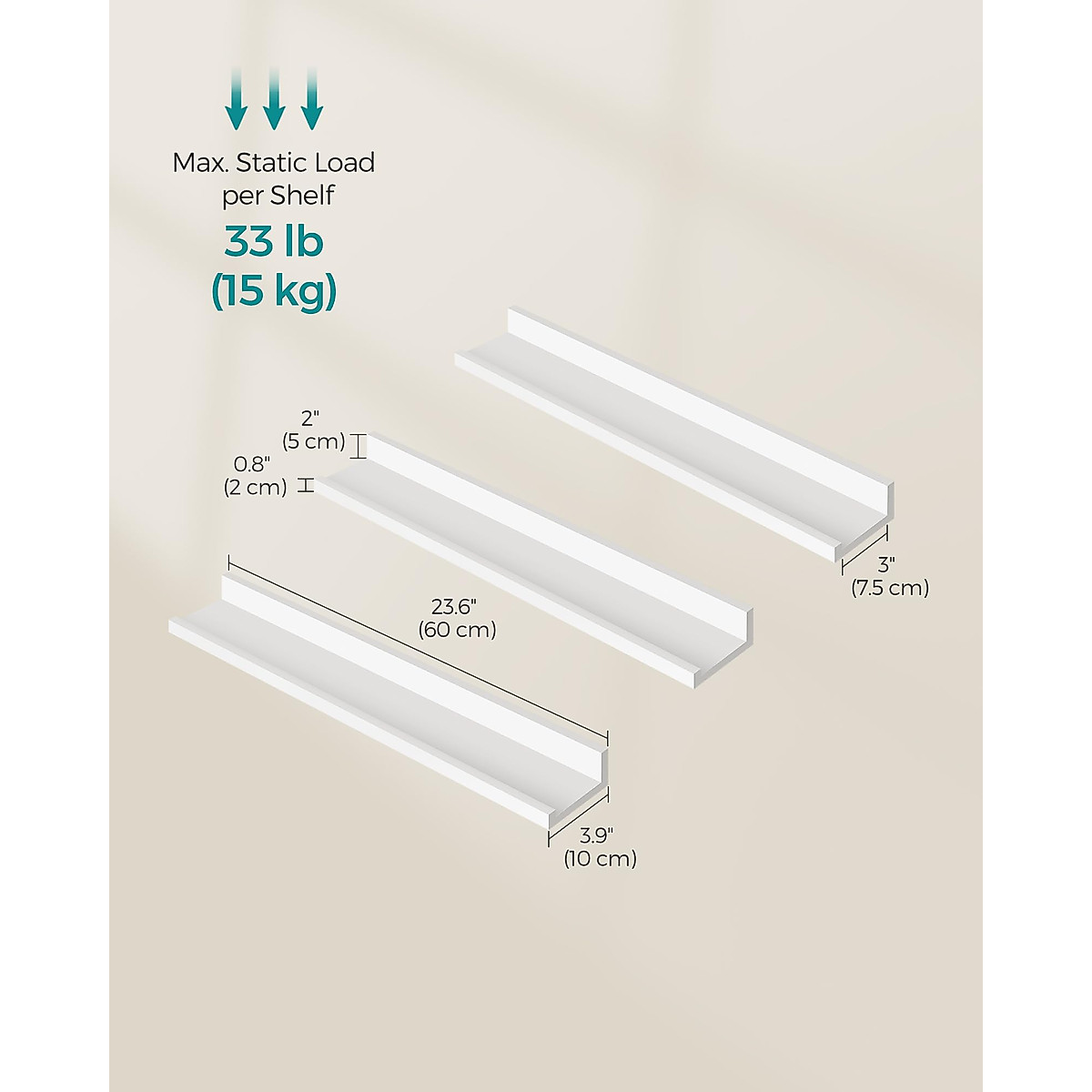 SONGMICS Floating Shelves, Set of 3 Wall Shelves, 23.6-Inch Wide, for Photo Frames and Trinkets, for Living Room, Home Office, Kitchen, Bathroom, White ULWS061W01