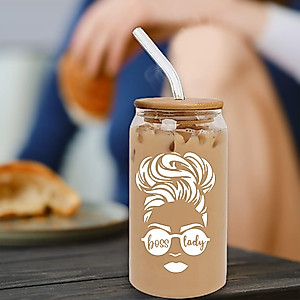 Boss Lady 16 Oz Glass Can Tumbler Gifts for Women - Present For Boss Woman - Funny Christmas, Birthday Gifts For Boss, Manager, Leader, Appreciation Gifts Coworkers,Colleagues, Women, Girl, Female