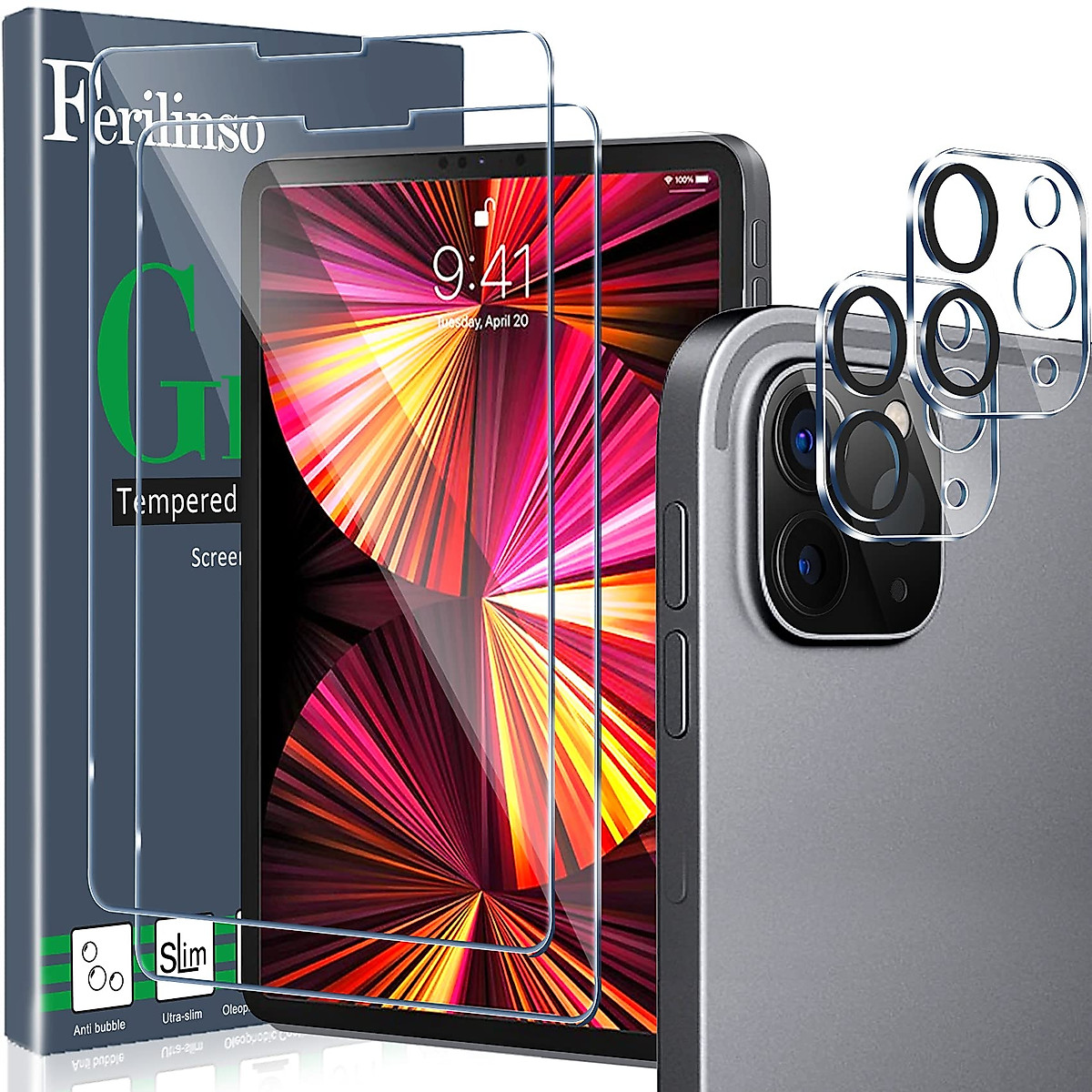 Ferilinso Designed for iPad Pro 11 Inch Screen Protector Accessories 2022 2021 2020 2nd 3rd 4th Generation 2 Pack Tempered Glass with 2 Pack Camera Lens Protector Suitable for Apple Pencil Face ID