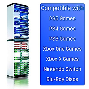 ADZ Universal Game Storage Tower – Stores 36 Game or Blu-Ray Disks – Game Holder Rack for PS4, PS5, Xbox One, Xbox Series X/S, Nintendo Switch Games and Blu-Ray Discs (White)