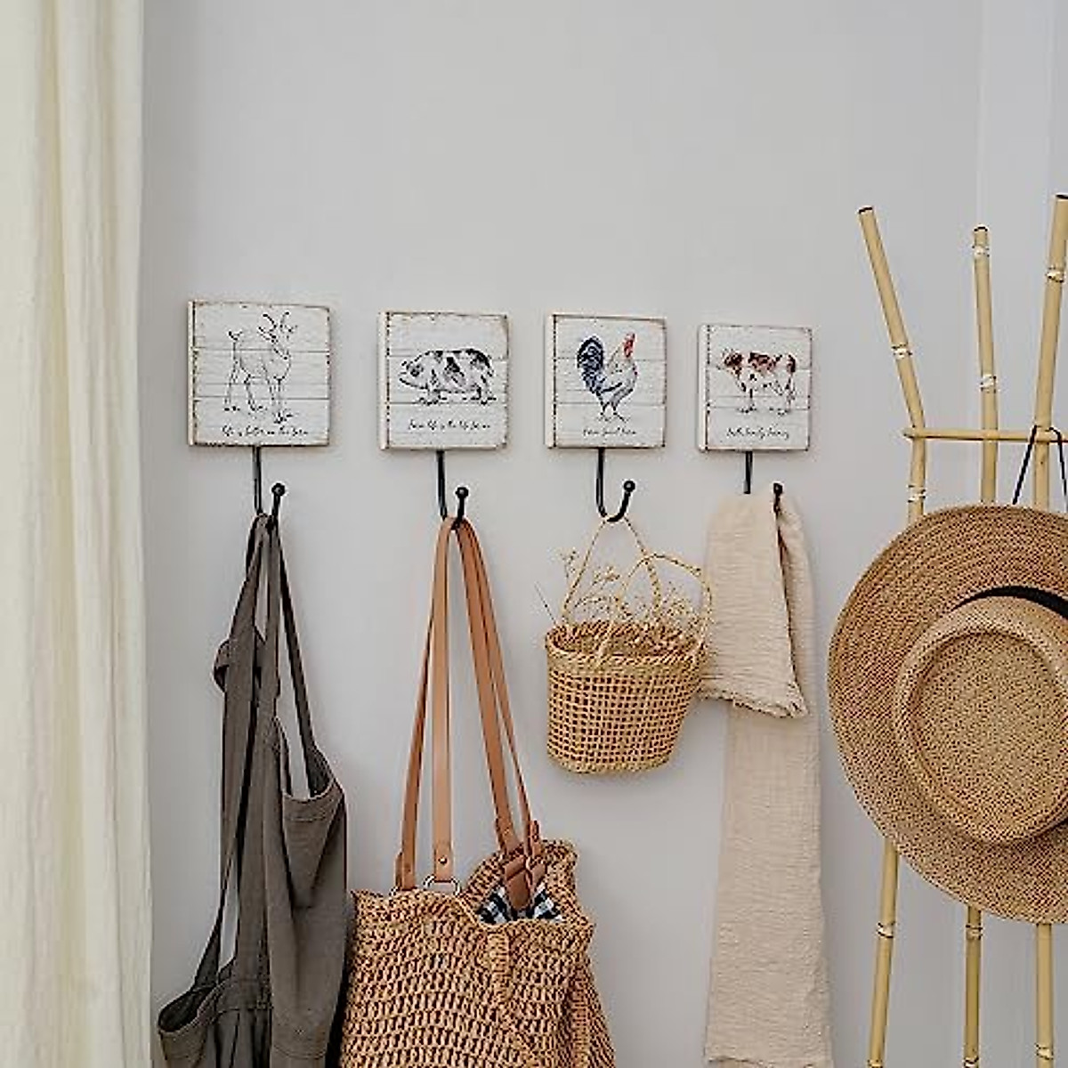 SOFFEE DESIGN Set of 4 Vintage Farmhouse Wall Hooks, with Shabby Craft Farm Animals Goat Rooster Pig Cow Printing, Heavy Duty Hanger Hooks Wall Mounted Hanging Rack Hooks