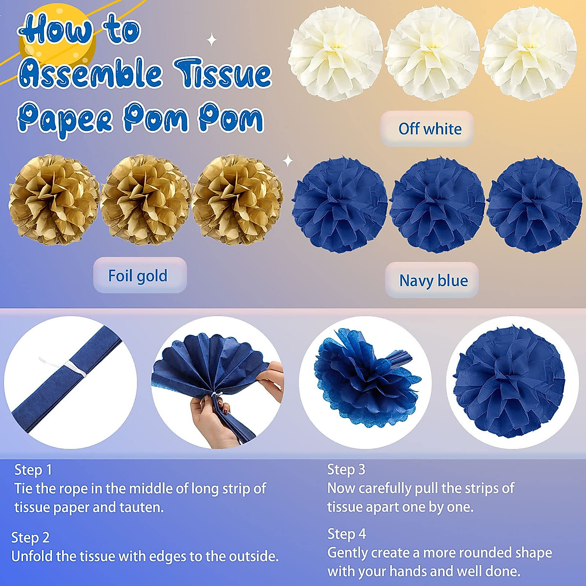 74 Pieces Navy Blue Gold Party Decoration for Graduation Includes Tissue Paper Pom Pom Flower Gold and Navy Balloon Circle Banner Tassel Garland Birthday Bridal Shower Wedding Party