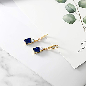 Gem Stone King 18K Yellow Gold Plated Silver Blue Created Sapphire Dangle Earrings For Women (5.40 Cttw, Gemstone September Birthstone, Octagon 9X7MM)