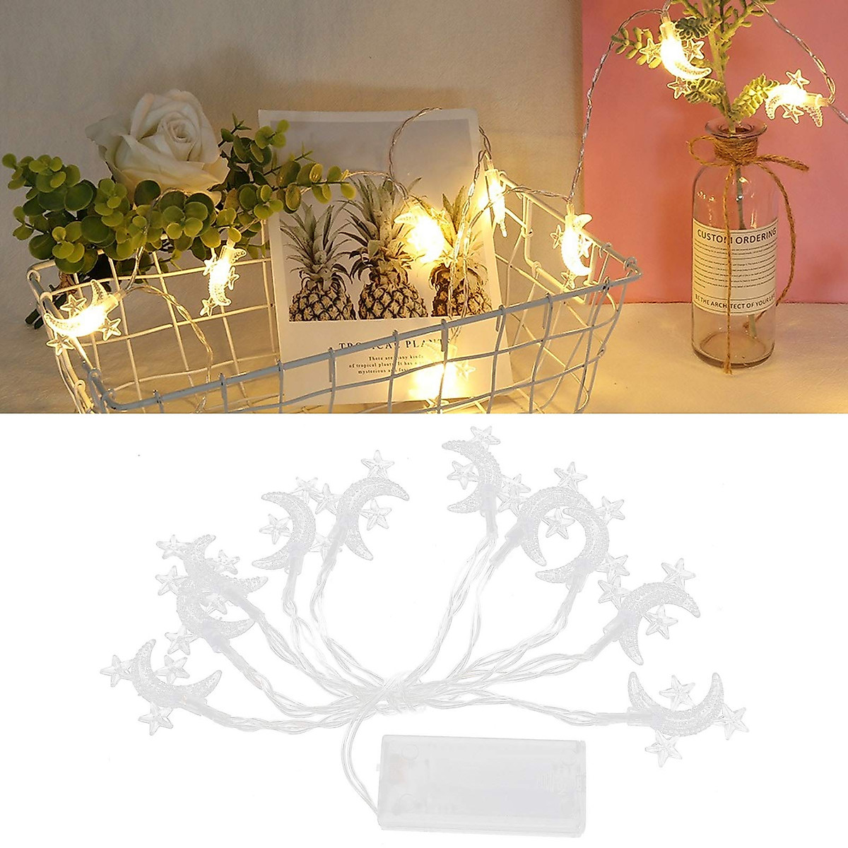 QiaNgshuAikj 3Pcs 10LED Light String, Moon Star Pull Cord Pendant Light, Battery Operated String Lights for Home Garden Courtyard Decoration