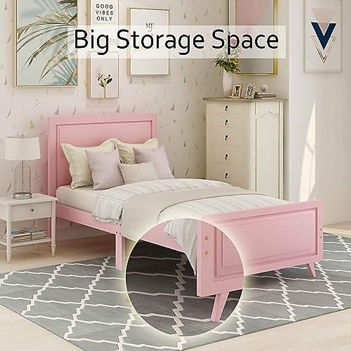 RIDFY Wood Twin Bed Frame with Headboard/Footboard, Modern Platform Camas Frame, Wood Slat Support Mattress Foundation/Noise Free/No Box Spring Needed/Easy Assemble (Pink)