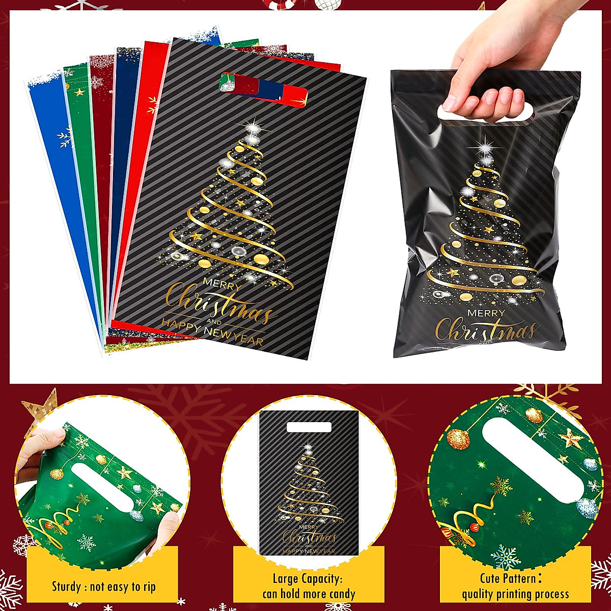 Hotop 150 Pcs Christmas Treat Bags Christmas Tree Goodies Bags Bulk Plastic Candy Treat Snacks Bags with Handles for Holiday Cookie Goody Gift Merry Christmas Party Favor Supplies, 6 Styles