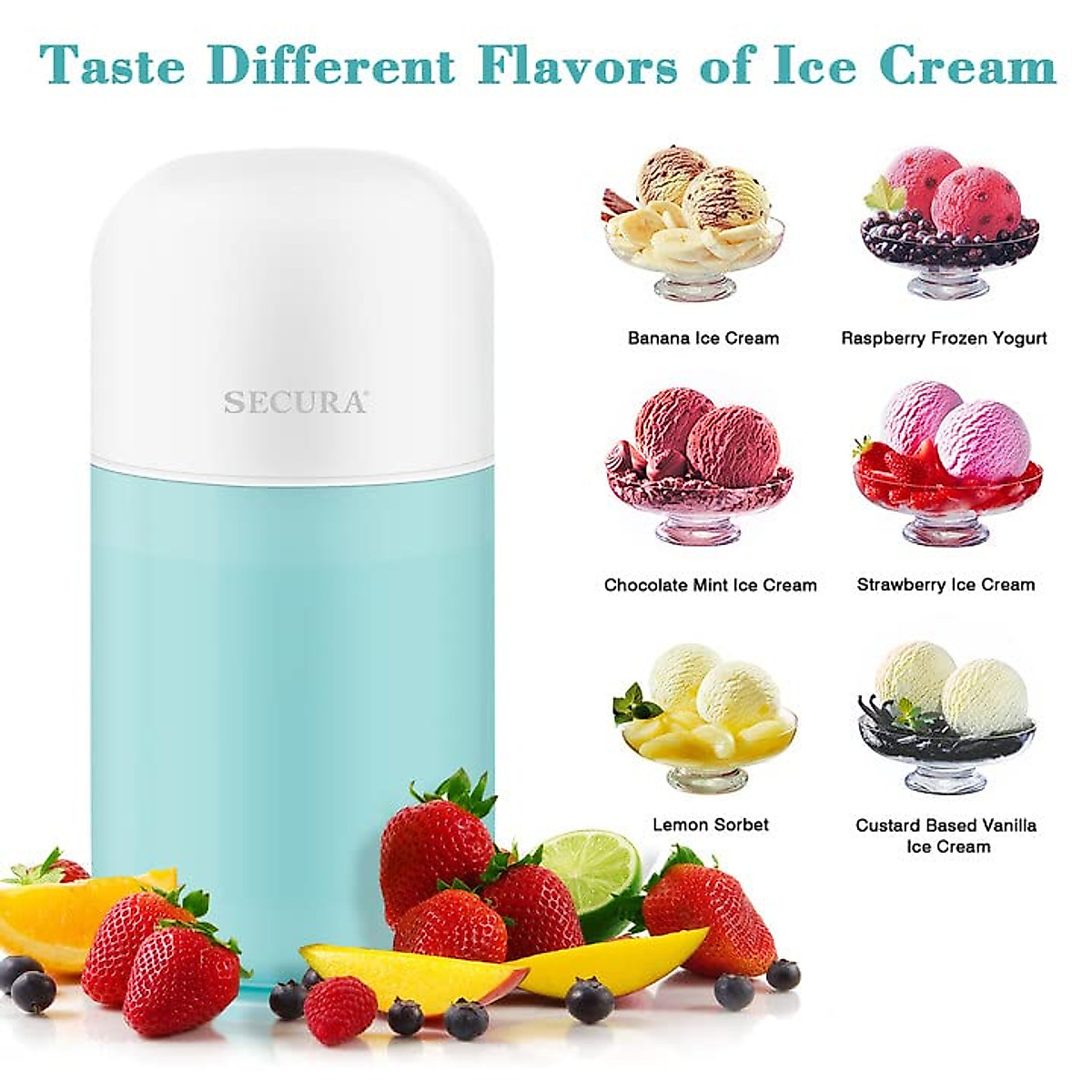 Secura Mini Ice Cream Maker for Gelato, Sorbet, Frozen Yogurt, 0.4QT Automatic Electronic Gelato Maker with Mixing Spoon & Recipe Book, Quick Homemade & Great Gift