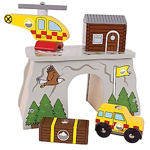 Bigjigs Rail Mountain Rescue Playset with Helicopter, Car, Log Cabin & Crate