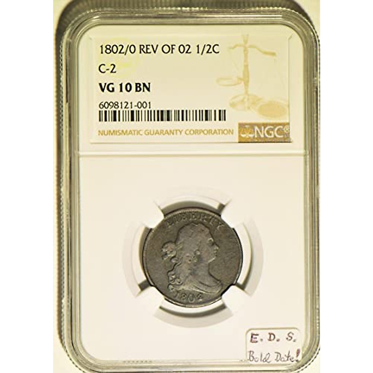 1802 Draped Bust 1802/0; Rev of '02; Early Die State Half Cent VG-10 NGC