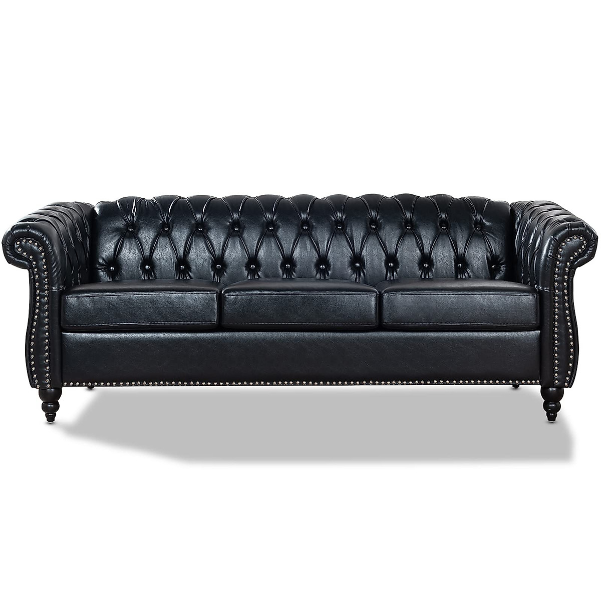 TINGMAMADEHUA Black Chesterfield Sofa,3 Seater Sofas,Button Tufted Faux Leather Couch for Living Room Bedroom Office