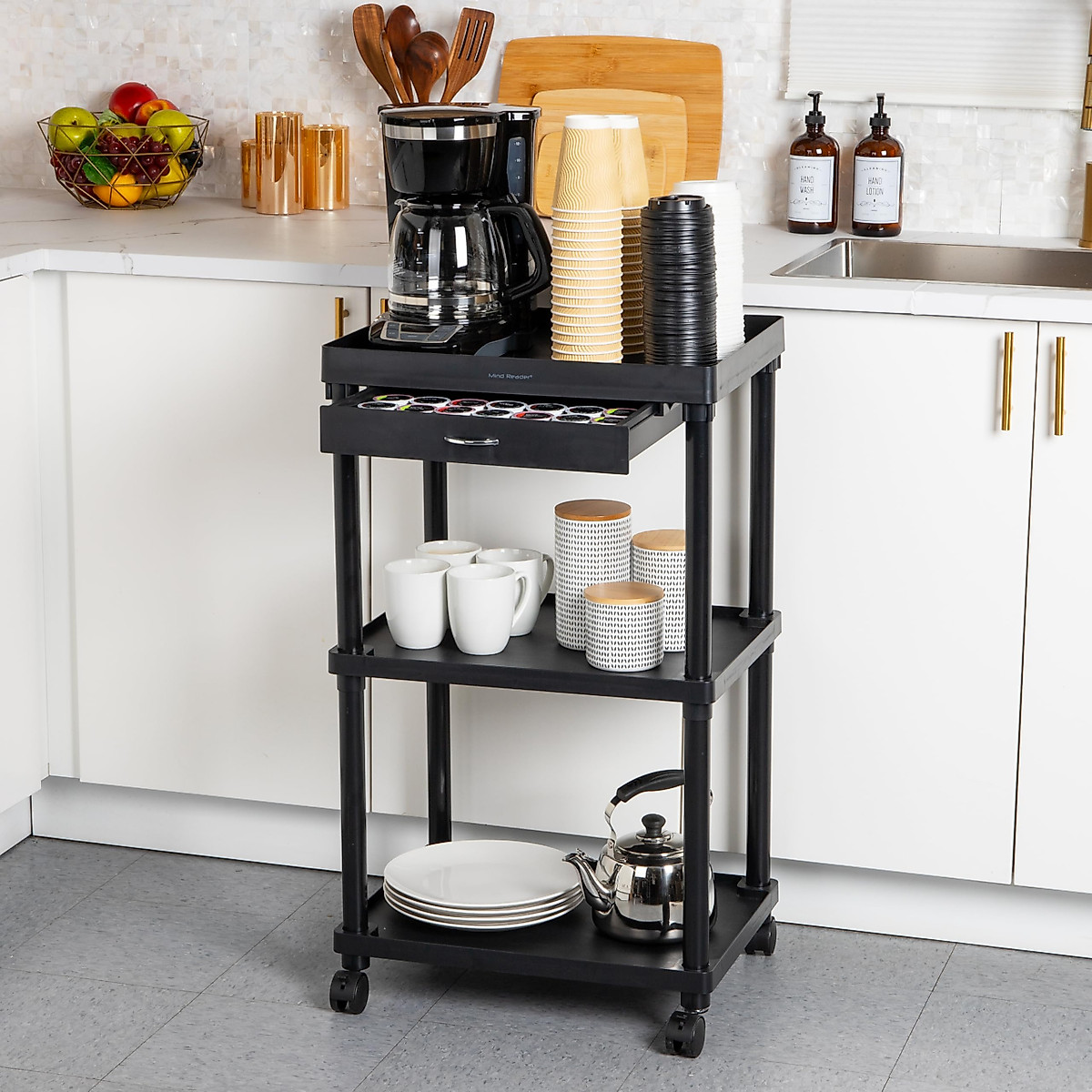 Mind Reader All Purpose Rolling Cart, Printer Cart, Utility Cart, Kitchen Cart, Coffee Cart, Microwave Cart, Bathroom Cart, 3 Tier, Black with Free Condiment Organizer