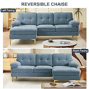 COCOLHOME L- Shaped Sectional Sofa 85" Convertible Modern Upholstered Couch Chenille Fabric with Reversible Chaise Detachable Washable Cover for Living Room, Apartment, Small Space (Light Blue)