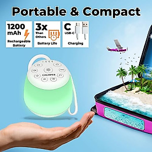 CALMPER Portable Sound Machine with Light and Timer - 21 Sounds, 8 Colors Dimmable Light, Long Lasting Battery - Adult & Baby White Noise Machine for Sleeping 2 Year Warranty