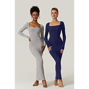 QINSEN Women's Long Sleeve Slip Maxi Dress Sexy Square Neck Ribbed Bodycon Long Dresses Navy Blue S