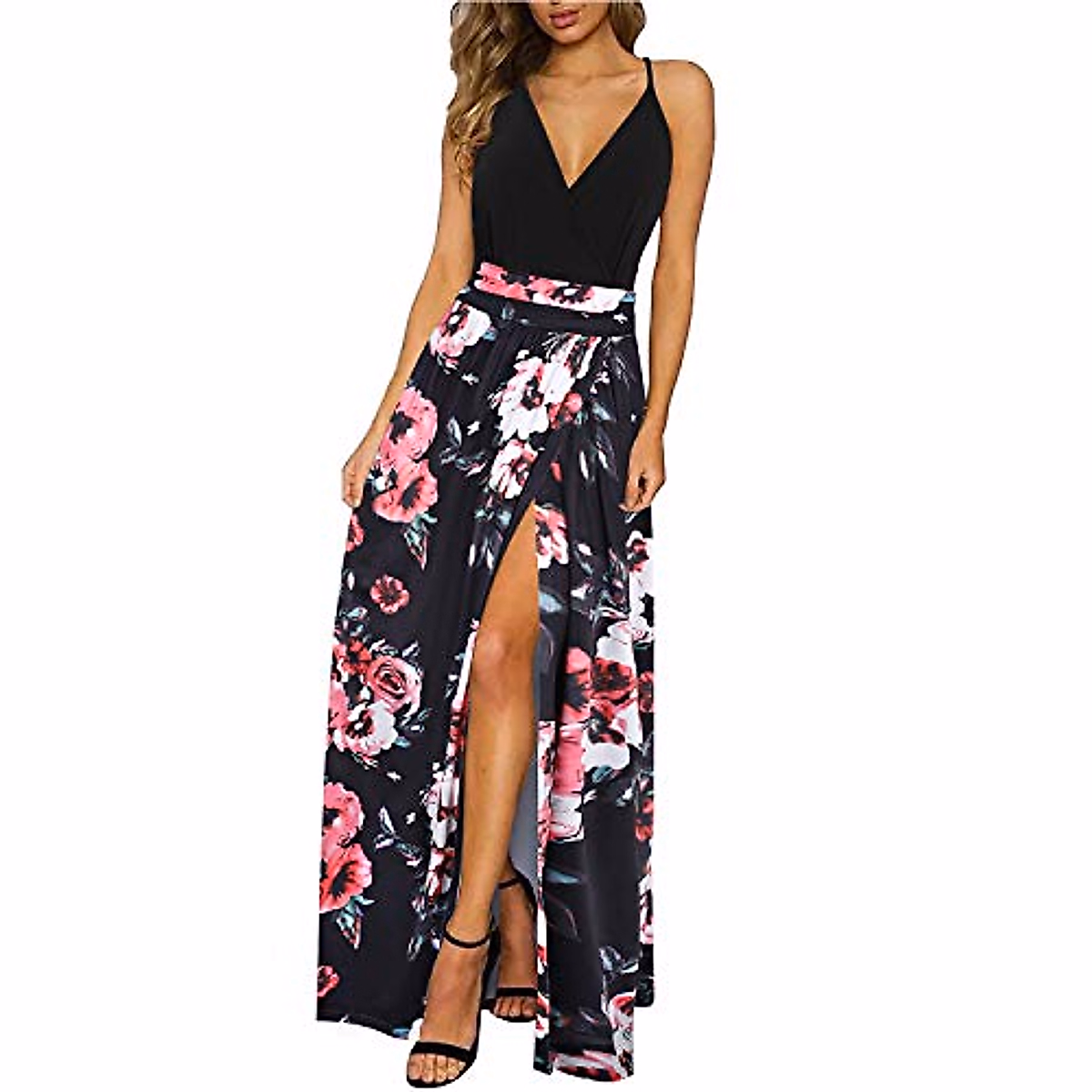 Newshows Womens' Summer V Neck Spaghetti Strap Sleeveless Casual Split Vestidos Beach Long Maxi Dress Trendy(Floral 02,L)