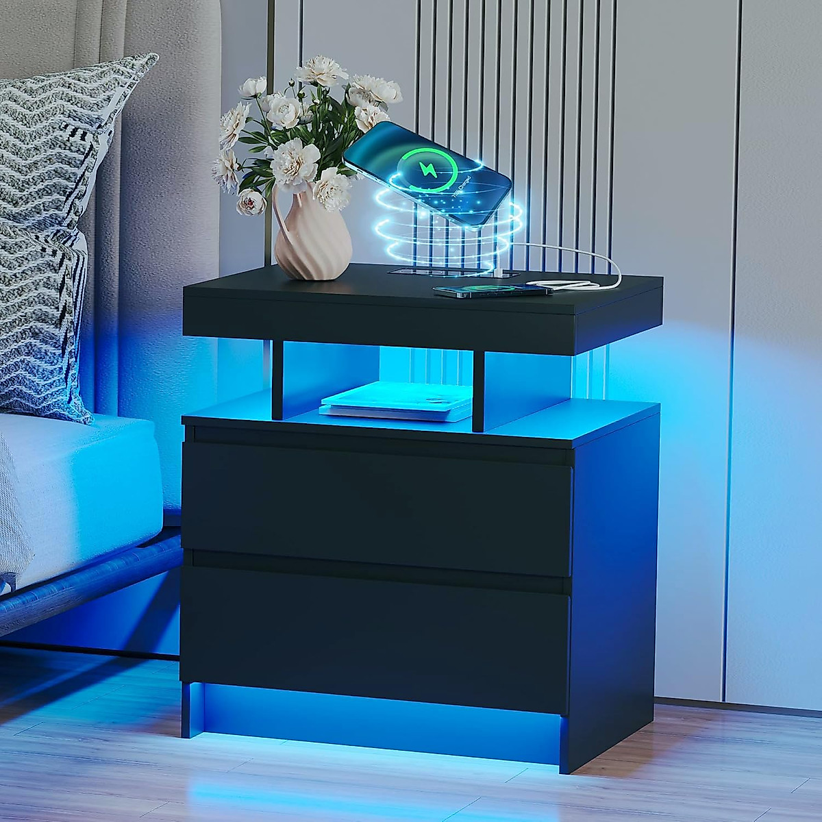 dnbss Nightstand with Charging Station and LED Light, Modern Night Stand with 2 Drawers, Smart Nightstand with USB Ports and Wireless Charger, Bedside Table for Bedroom, Black