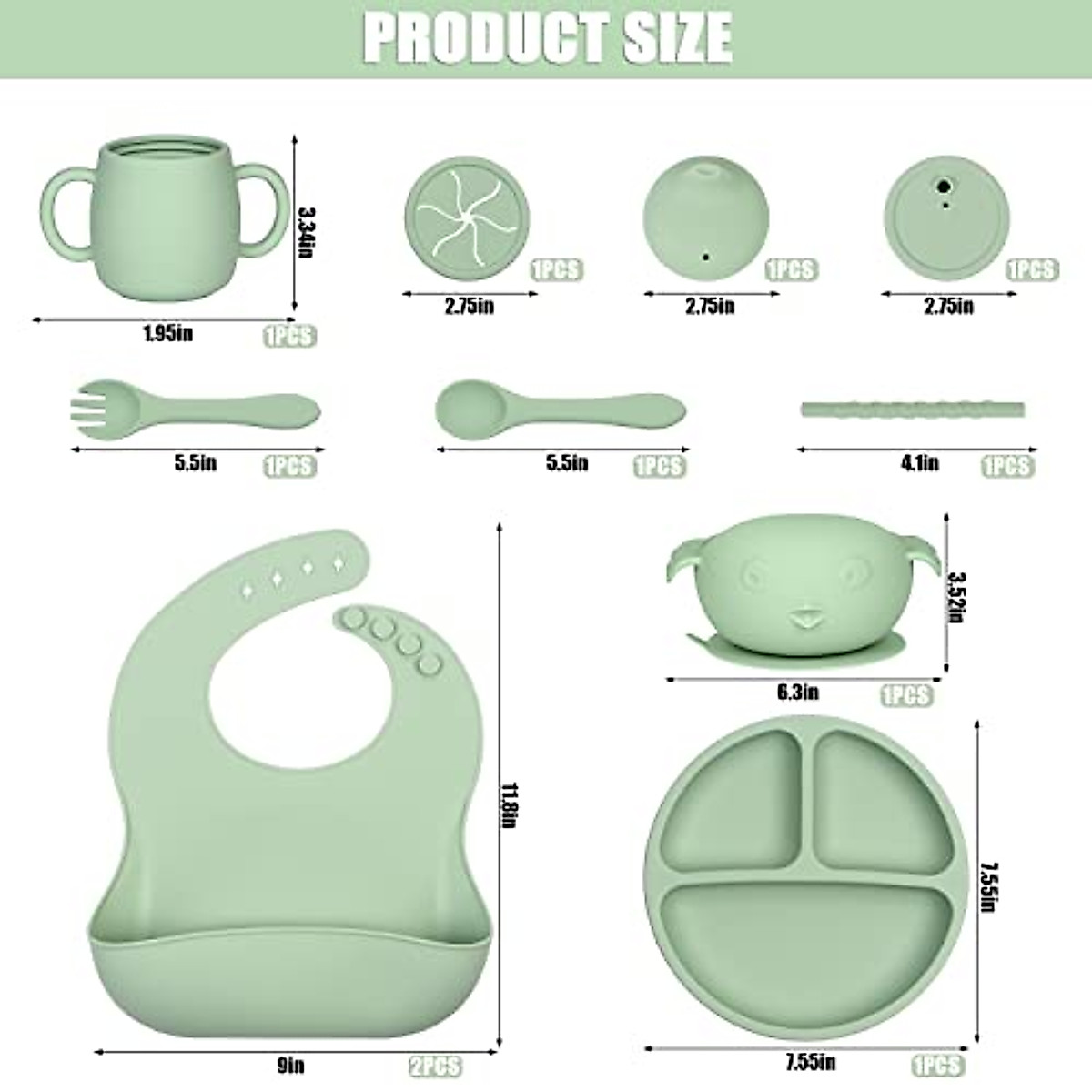LOKEISNA Silicone Baby Feeding Set 6+ Months, Baby Led Weaning Feeding Supplies, Strong Suction Bowl & Suction Plate, Adjustable Bibs, 4-in-1 Cup, Silicone Spoon & Fork, Food-grade Silicone (Green)