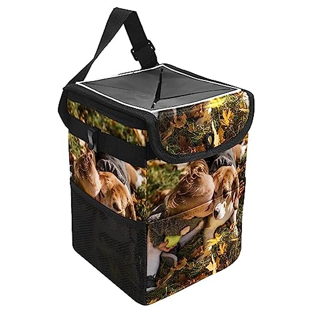 RODAILYCAY Car Garbage Bin with Lid, Waterproof Car Trash Can Center Console, Girl Kissing Her Dog in Forest Auto Dustbin Garbage Organizer, Vehicle Trash Can for Car