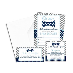 Paper Clever Party Bow Tie Baby Shower Invitation Bundle with Blank Invites with Envelopes for Boys, Diaper Raffle Insert Bring a Book Cards Set (25 of Each) Little Man Theme Blue and Grey
