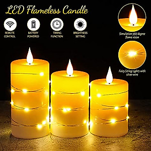 Won't Melt Flameless Candles,with Starry String Lights, Waterproof，Outdoor Indoor Battery Operated LED Candles with Remote Timers, Moving Flame, Ivory Paraffin Plating Plastic, Set of 3