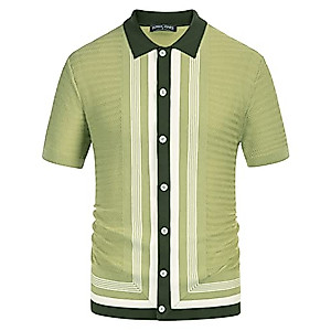 Mens 70s Shirt Short Sleeve Retro Shirts Vintage Stripe 50s Polo Tee Shirts