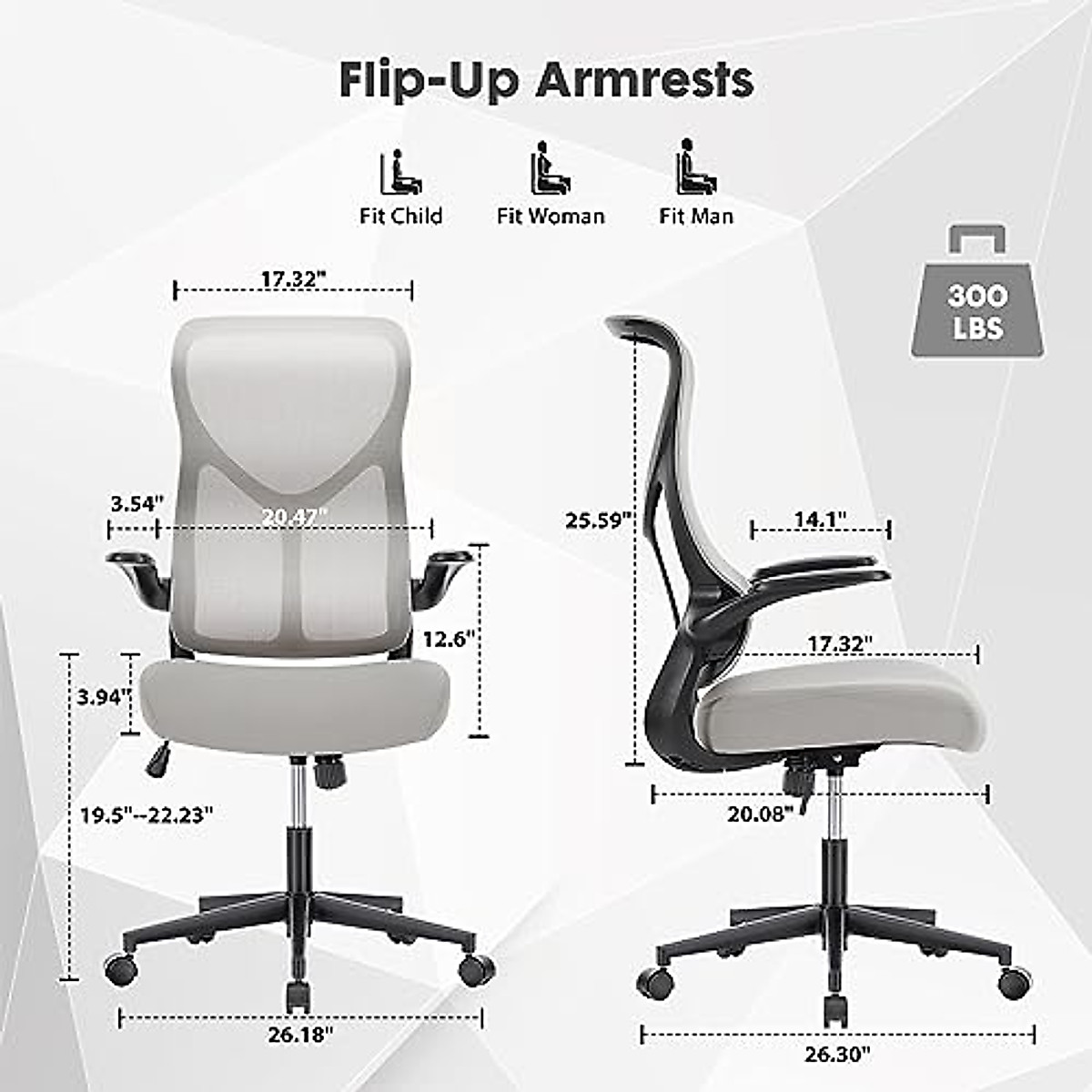 SMUG Ergonomic Office High Back Computer, Mesh Home Desk Lumbar Support, Tilt and Lock, Comfy Rolling Executive Swivel Task Chair with 3D Adjustable Headrest and Armrests, Grey