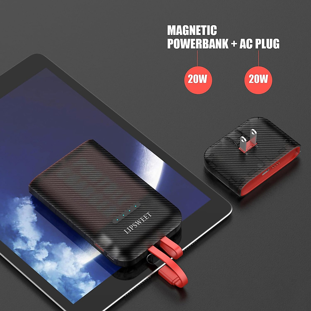 LIPSWEET Separate Portable Charger,20w USB C Fast Charging Power Bank, 5 Output 2 Input External Battery Pack for Travel with Built-in Cable AC Wall Plug Compatible with iPhone Android Phone Tablet