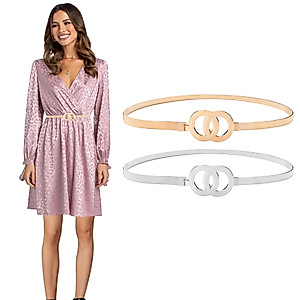 Youjaree Women Skinny Belt for Dresses 2 Pieces Metal Cinch Belt Gold Waistband Elastic Waist Belt for Women (A-2 Pieces (gold+sliver))