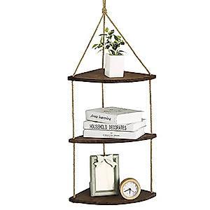 Sand Mine 3 Tier Wood Hanging Corner Shelf, Floating Wall Swing Storage Shelves, Wall Shelf Plant Shelf Rope Shelf Storage Shelf Swing Shelf Floating Shelves Handmade Shelves, Dark Brown