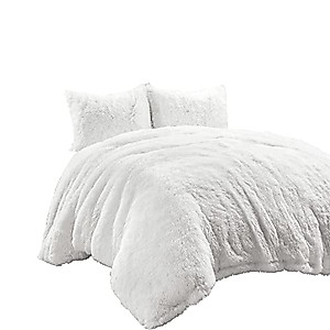 Lush Decor Emma Soft Fluffy Faux Fur Oversized Duvet Cover Set, Full/Queen, White - Warm Plush 3 Piece Bedding Set