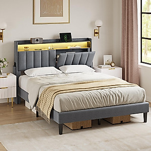 Queen Bed Frame with Storage Headboard & Footboard Upholstered Platform Bed with LED Lights USB Ports & Outlets Strong Wood Slats Support No Box Spring Needed
