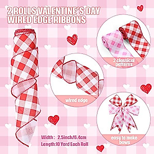 2 Rolls Valentine's Day Wired Ribbons 2.5 Inch Wide Valentine's Day Plaid Ribbons Rolls Red Pink White Diagonal Buffalo Plaid Ribbons for DIY Valentine's Day Decor Wrapping Crafts( 10 Yards)