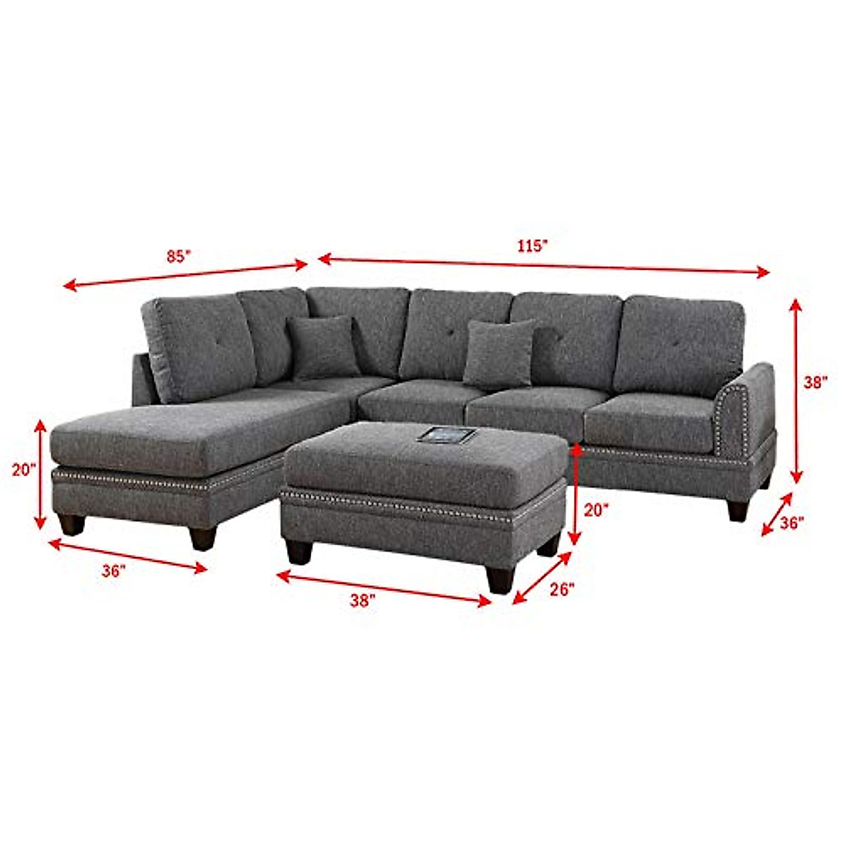 Poundex PDEX-F6511 2-Pcs Sectional Sofa, Grey